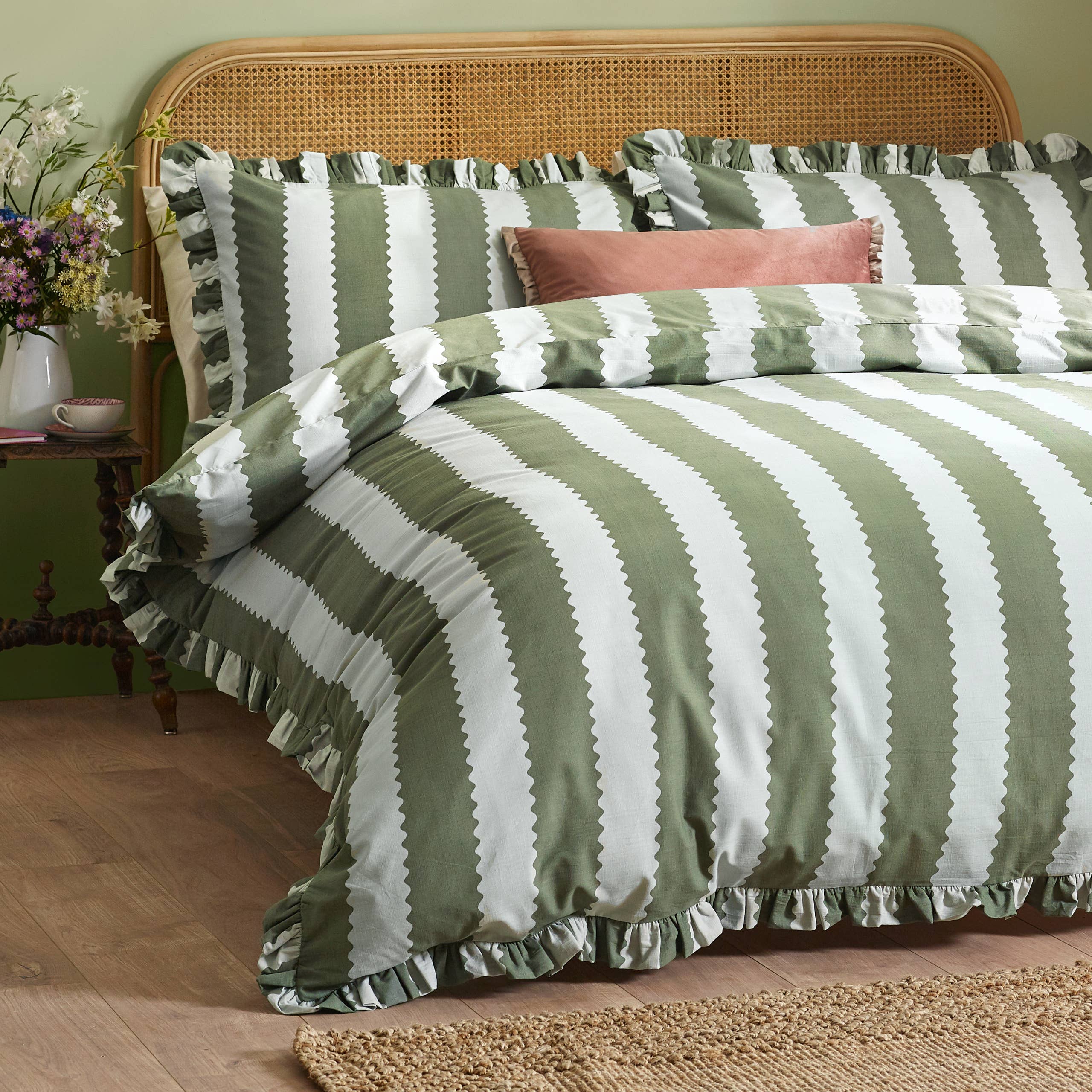 Birdie Stripe Ruffle Duvet Cover Set - Bay Green/Mist | Home Textiles ...