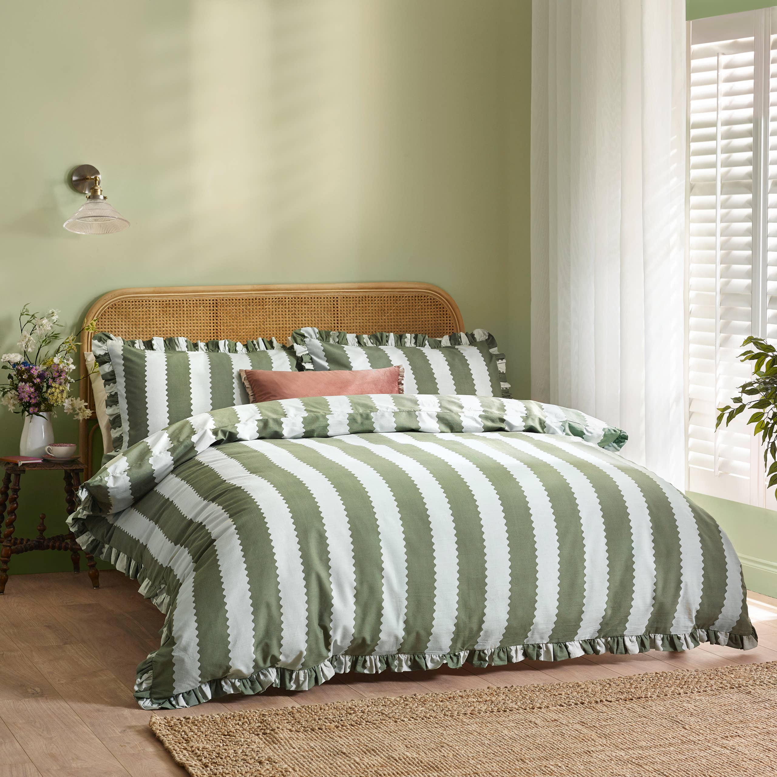 Birdie Stripe Ruffle Duvet Cover Set - Bay Green/Mist | Home Textiles ...