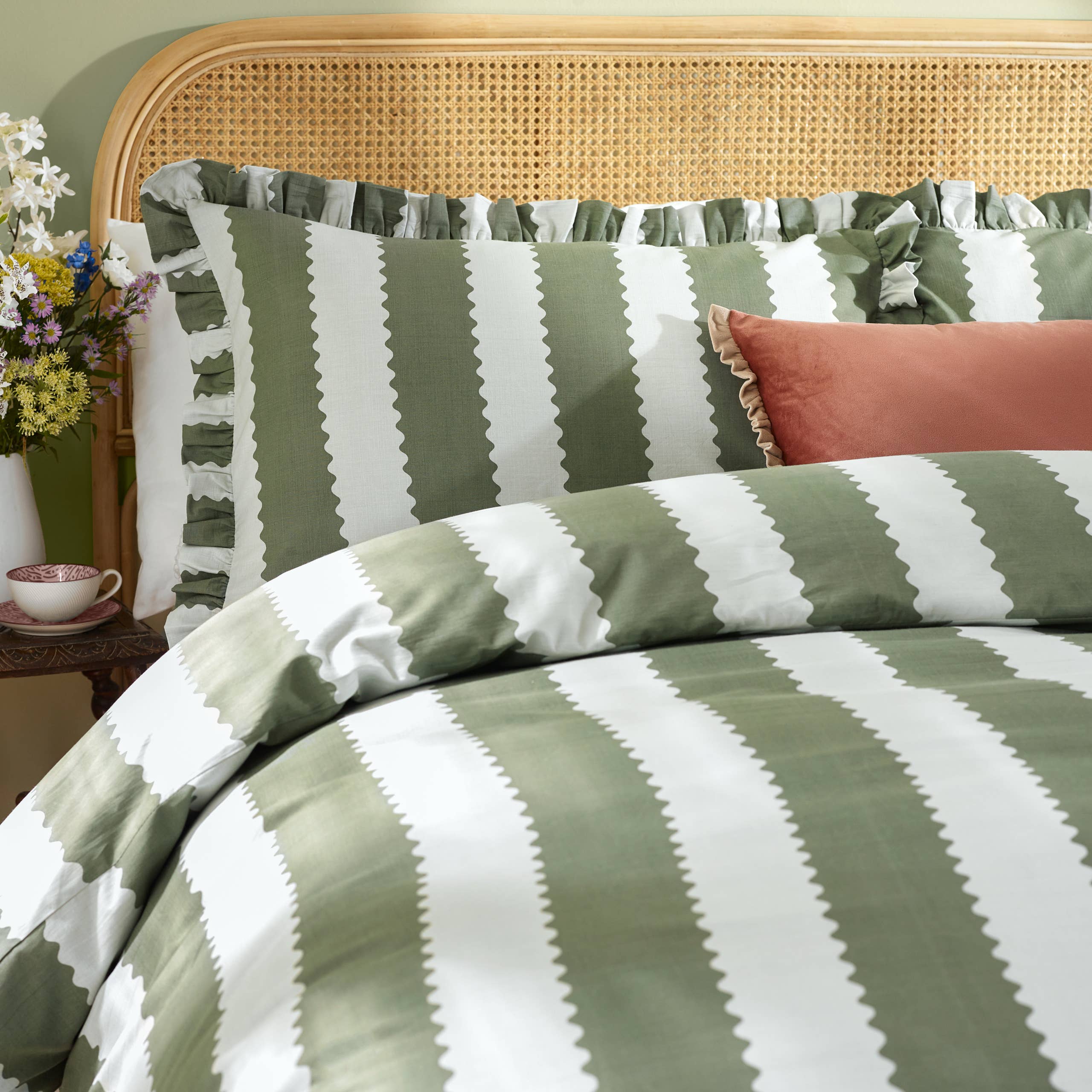 Birdie Stripe Ruffle Duvet Cover Set - Bay Green/Mist | Home Textiles ...